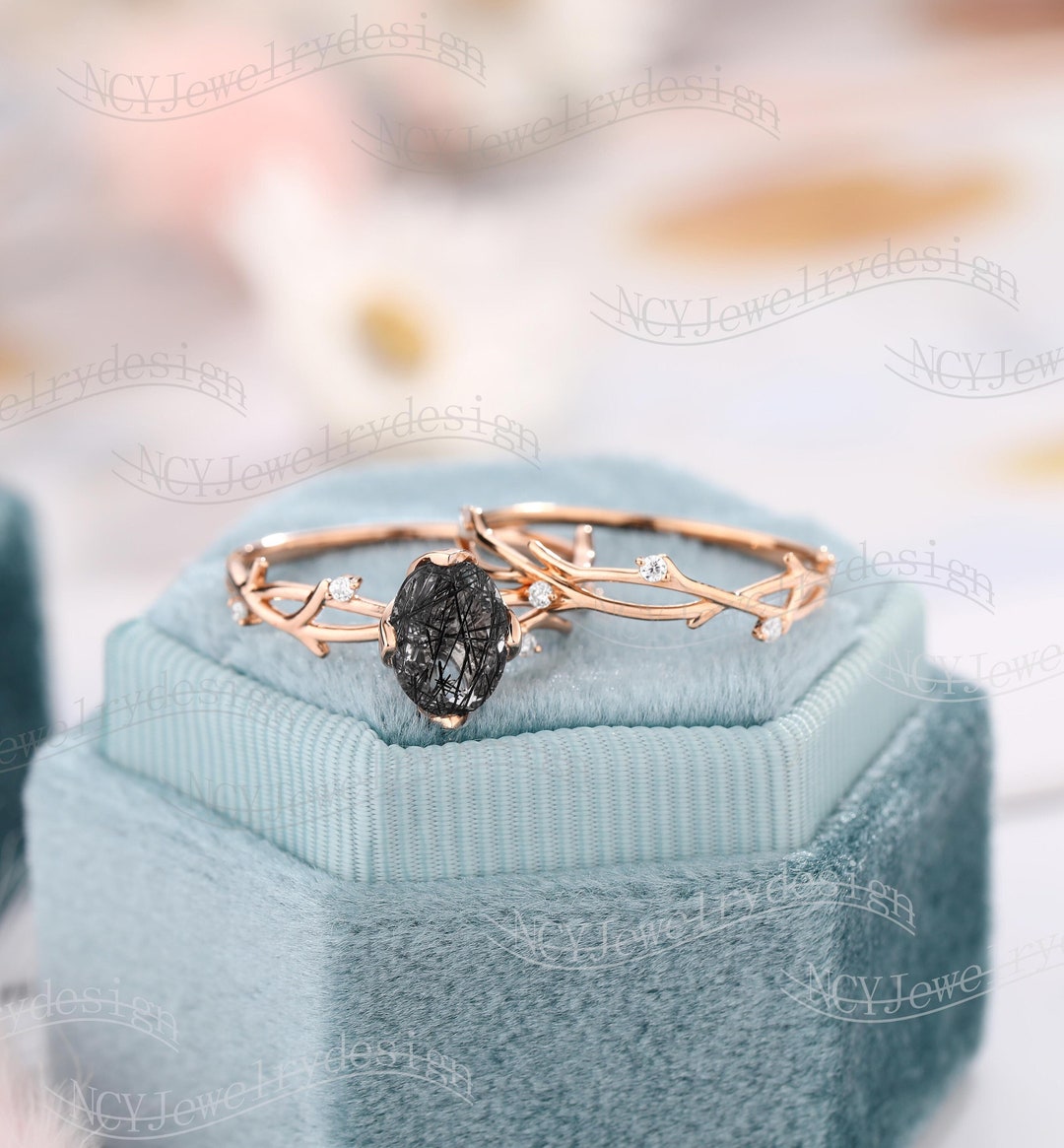 Black Rutilated Quartz Engagement Ring Set Vintage Oval Cut Ring Rose ...