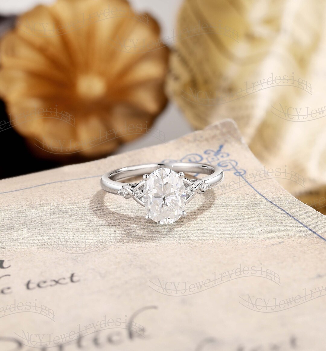Antique Moissanite Engagement Ring, Oval Moissanite Ring, Woven Ring White Gold, Knot Ring, Tiny ...
