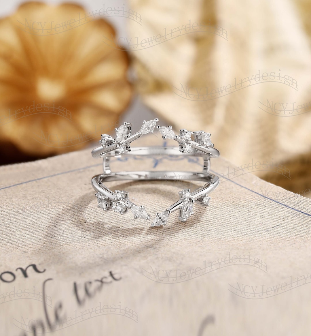 Double Enhancer Wedding Band, Leaf Moissanite Wedding Ring, Branch Ring ...
