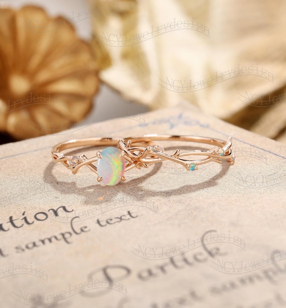 Natural Opal Engagement Ring Set Genuine Opal Ring Twisted Band Ring Leaf Branch Ring October Birthstone Ring Anniversary Gift for Her Etsy