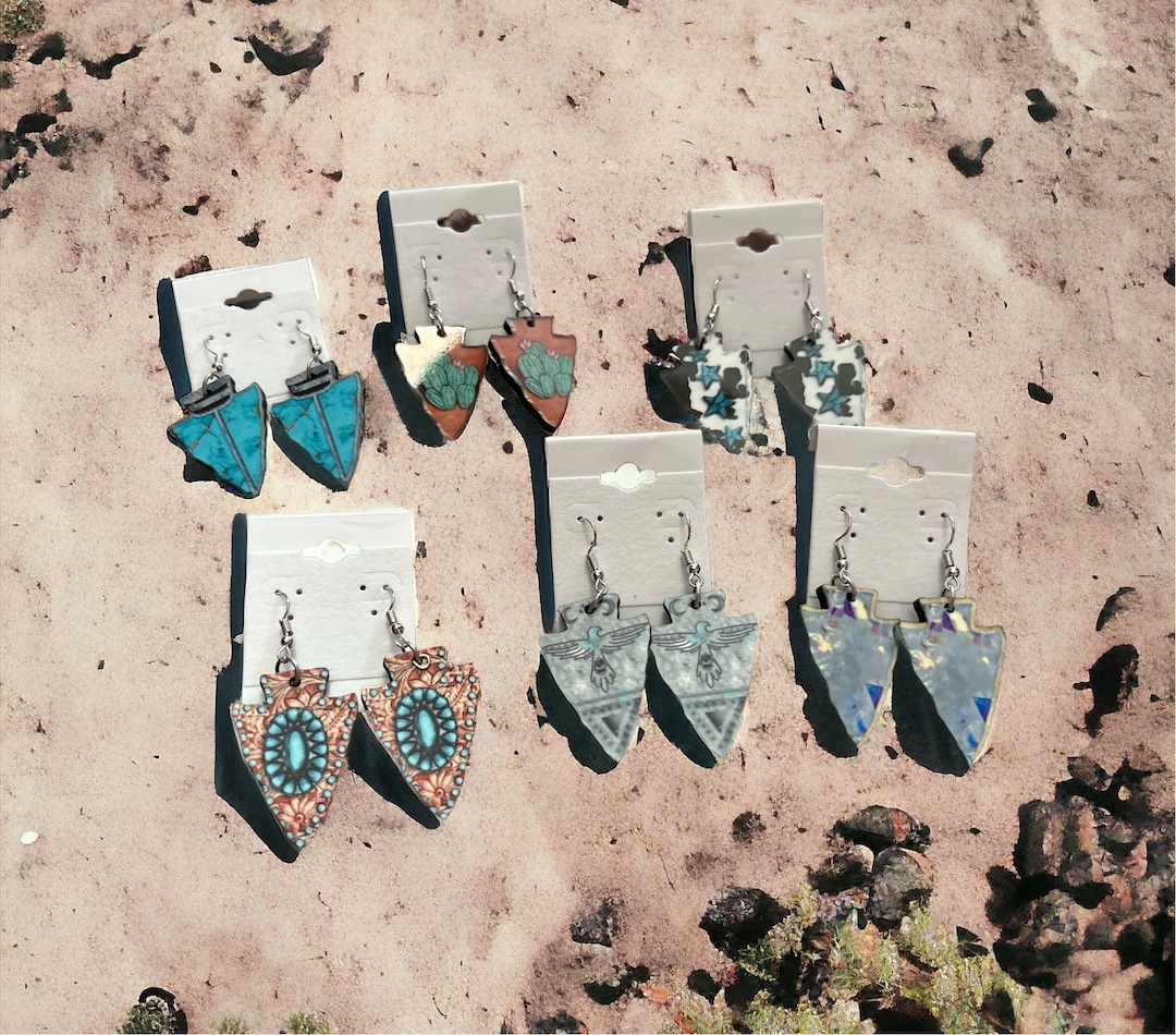 Cowhide Tooled Leather Turquoise Stone Moonstone Opal Drop Dangle ...