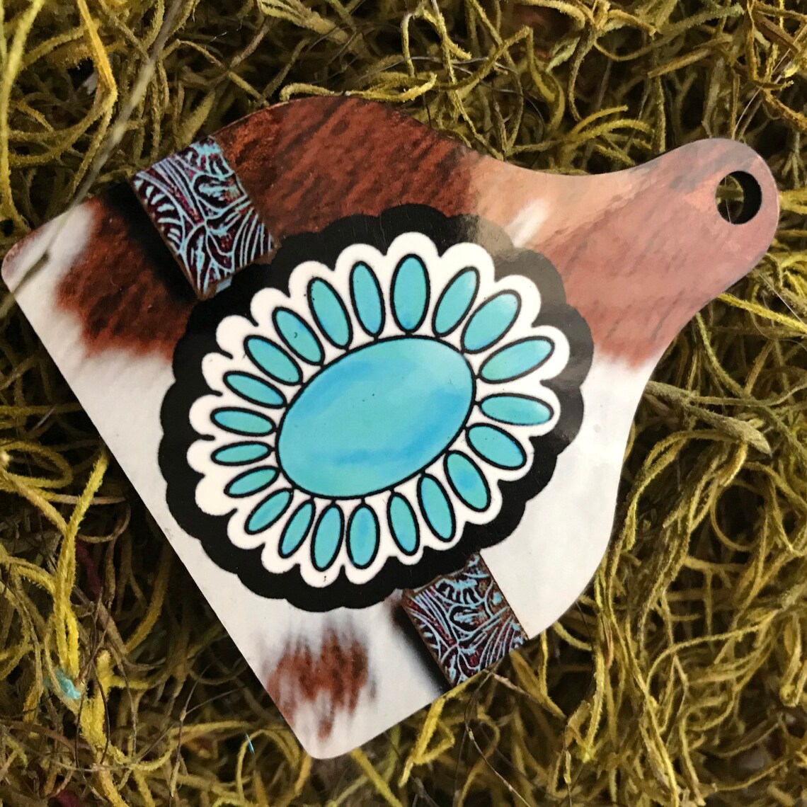 Turquoise Cowhide Leather Printed Cowtag Keychain - Etsy