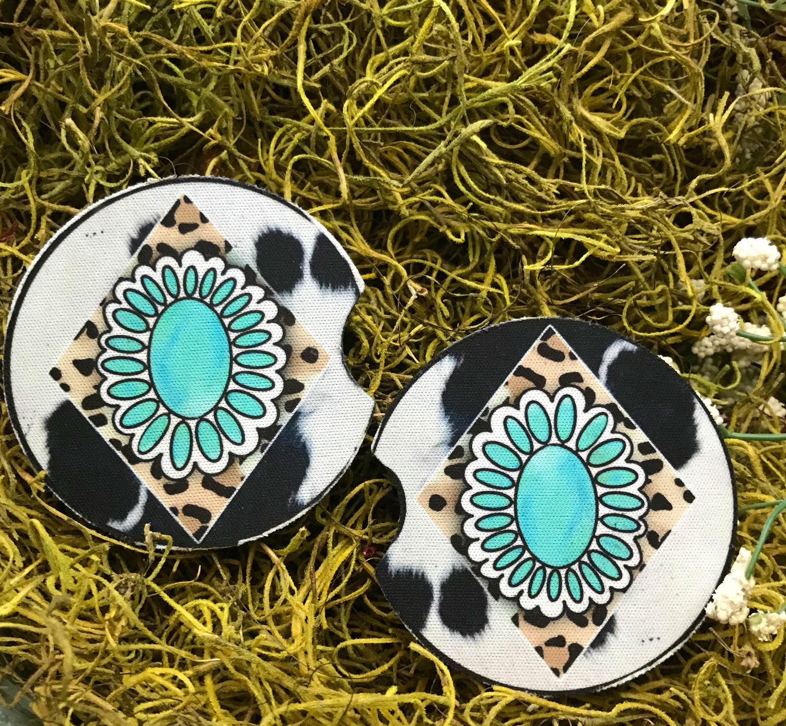 Cheetah + Cowhide + Turquoise Stone Neoprene Car Coaster Set of 2 Free ...