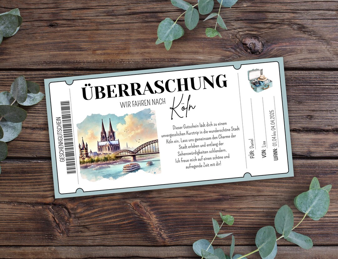 Travel Voucher Cologne to Print, Gift Voucher Short Break, Gift Voucher ...