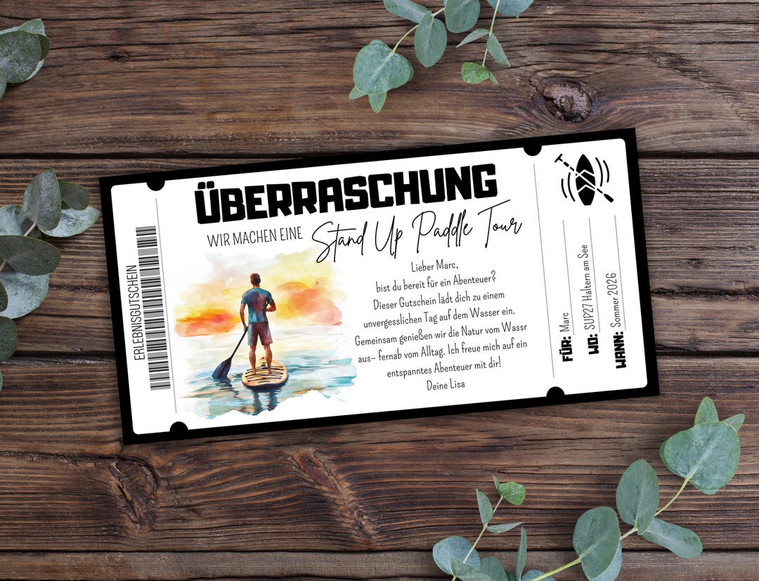 SUP Tour Voucher to Print, Gift Voucher Stand up Paddle Tour, Experience Voucher, Gift Idea SUP ...