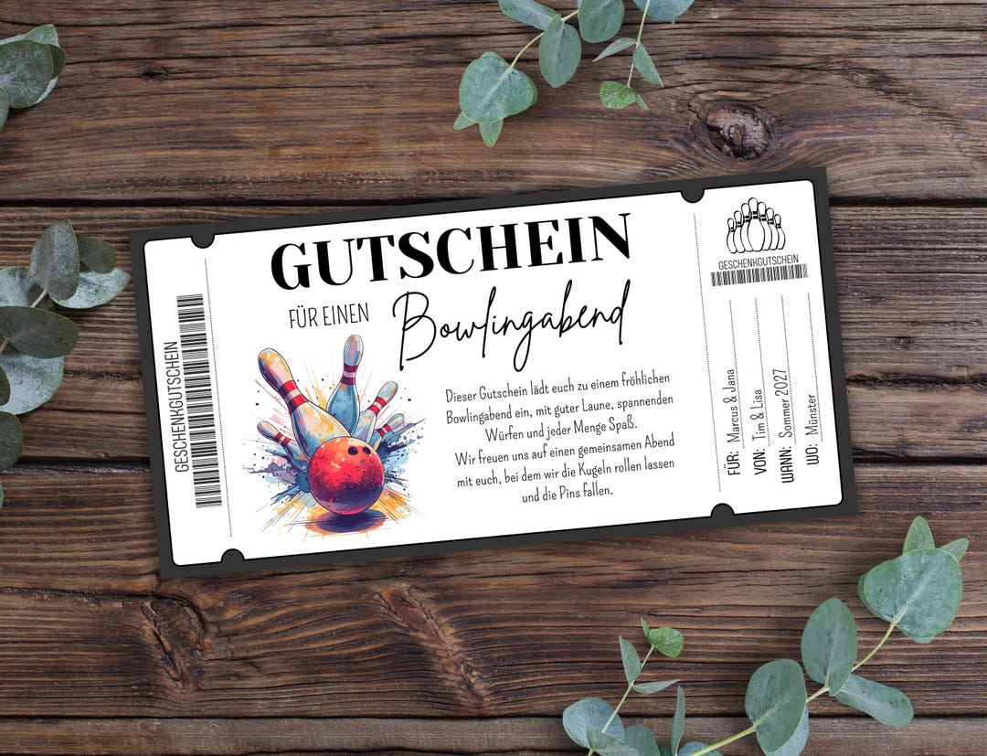 Printable Bowling Voucher, Bowling Gift Voucher, Bowling Ticket With ...