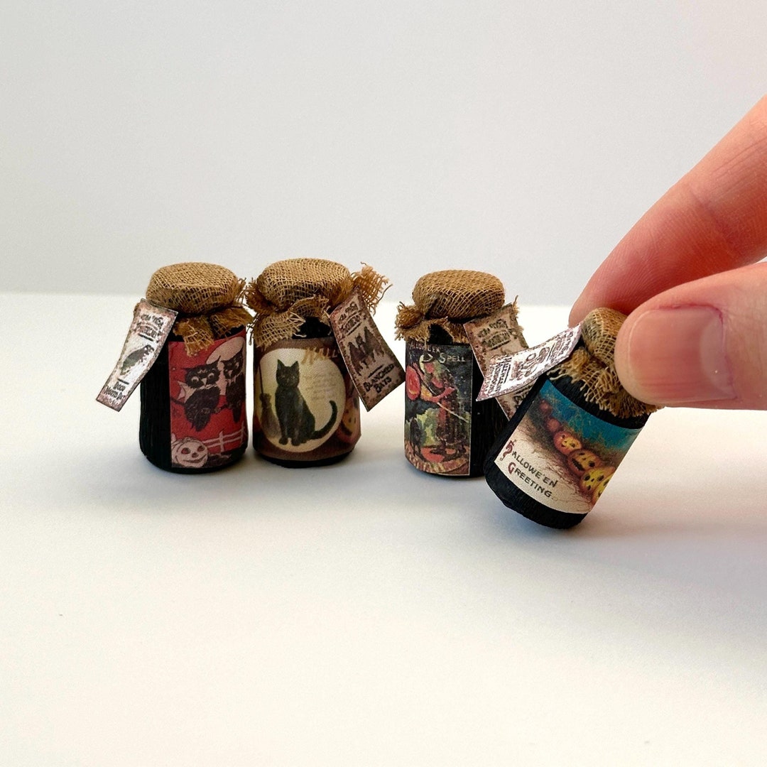Miniature Set of 4 Primitive Potion Jars, 1:12th Scale Spooky ...