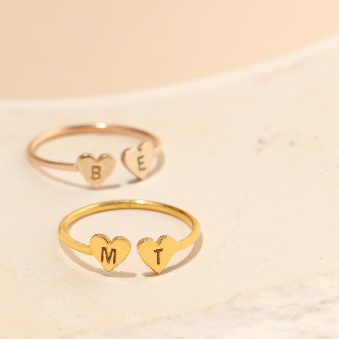 Double Heart Ring * Double Initials Ring * Two Initials Ring in Sterling Silver * Gift for Her ...