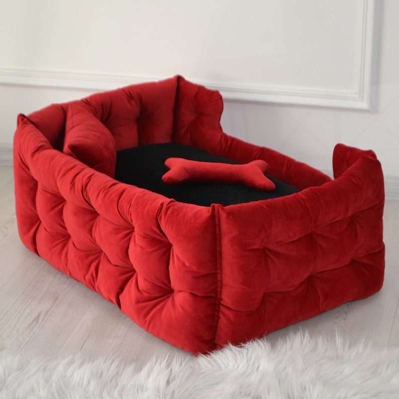 Red Velvet Dog Sofa Bed: Calming Pet Bed With Removable Cover - Etsy