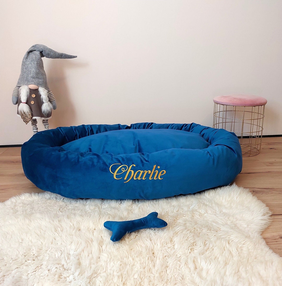 Personalized Blue Dog Bed Custom Pet Bed With Embroidery Handmade Dog ...