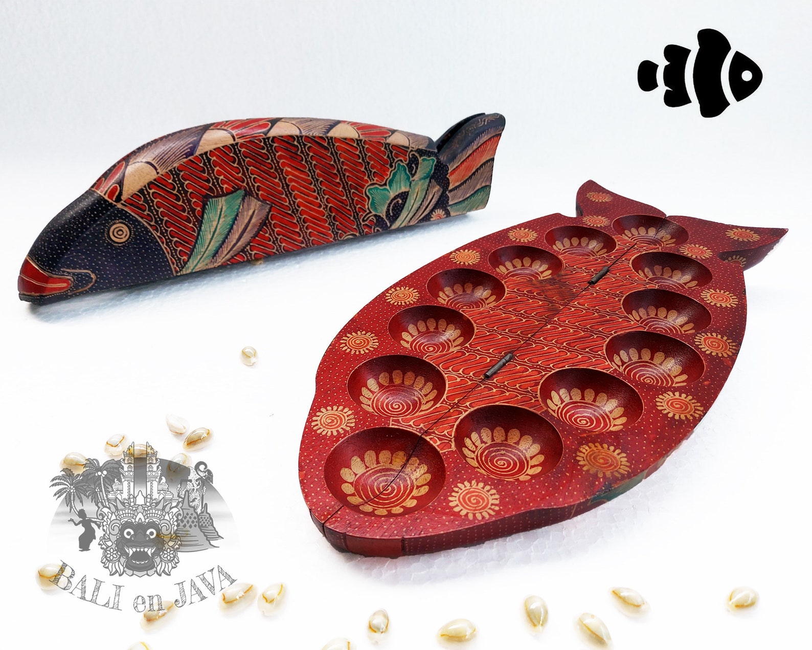 Mancala Fish Vintage Wooden Asian Congkak Kalaha Oware Sungka Board ...