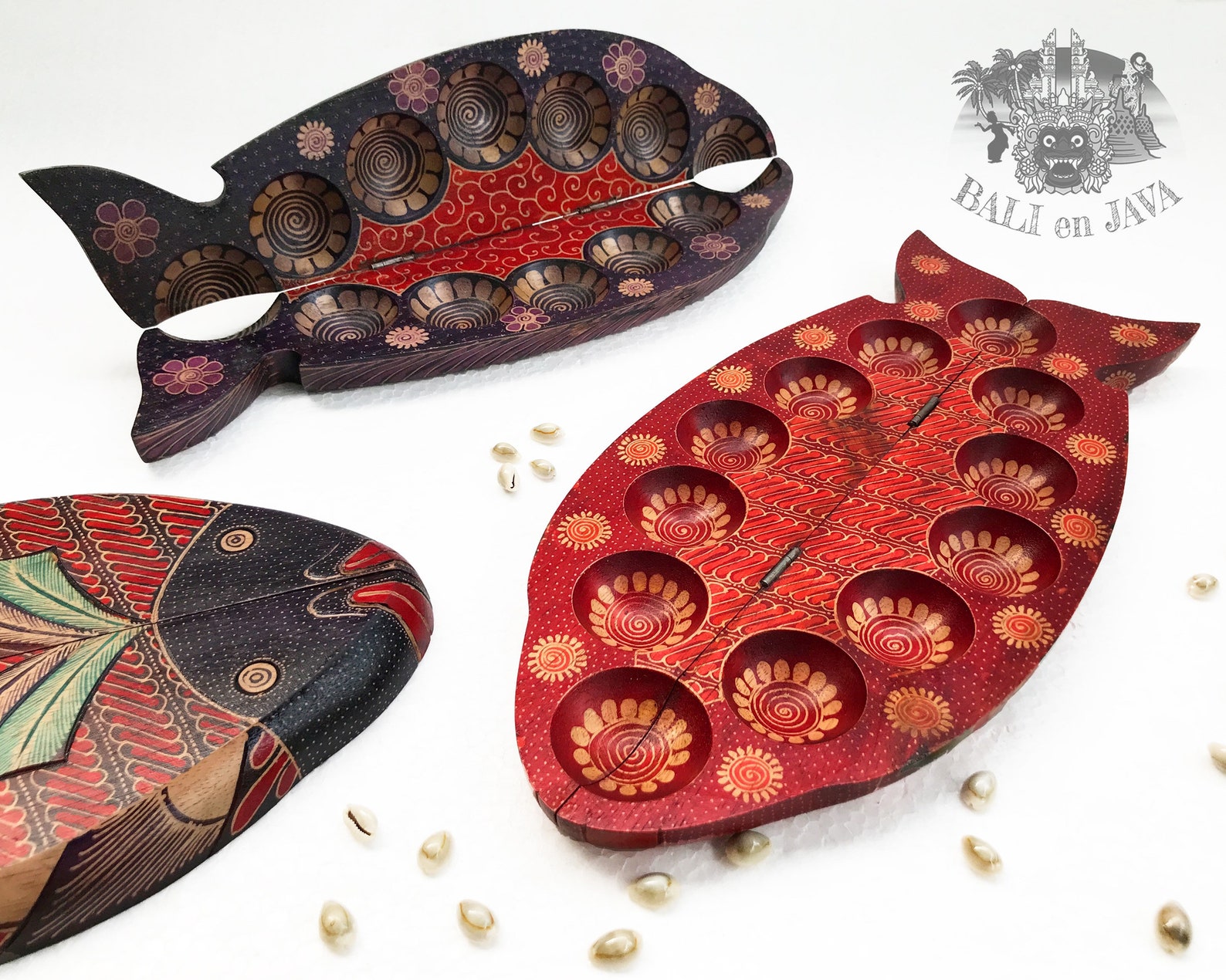 Mancala Fish Vintage Wooden Asian Congkak Kalaha Oware Sungka Board ...