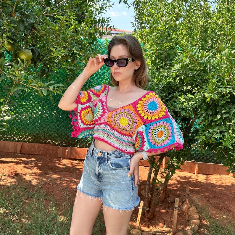Handknit Granny Square Crochet Crop Top: Colorful Festival Blouse - Etsy