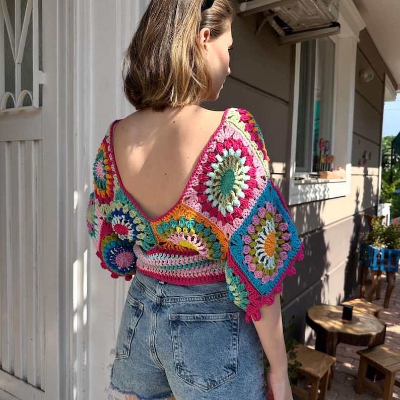 Handknit Granny Square Crochet Crop Top: Colorful Festival Blouse - Etsy
