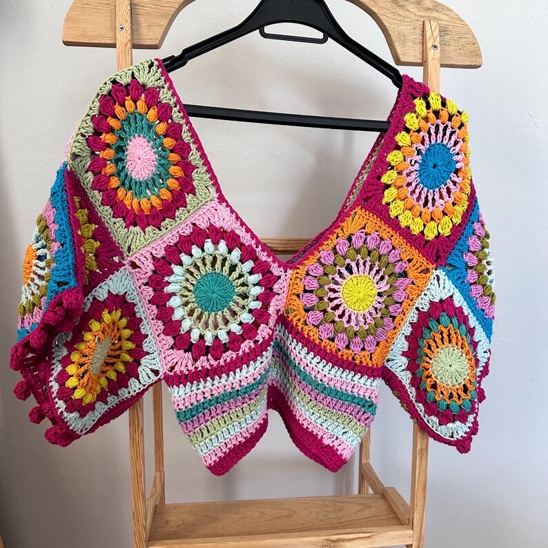 Handknit Granny Square Crochet Crop Top: Colorful Festival Blouse - Etsy
