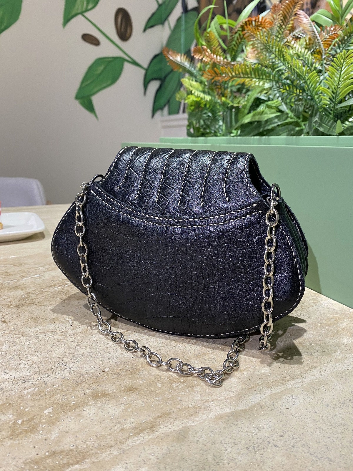 Luxury Black Sea Shell Shaped Leather Bag - Handmade Chic Chain Strap ...