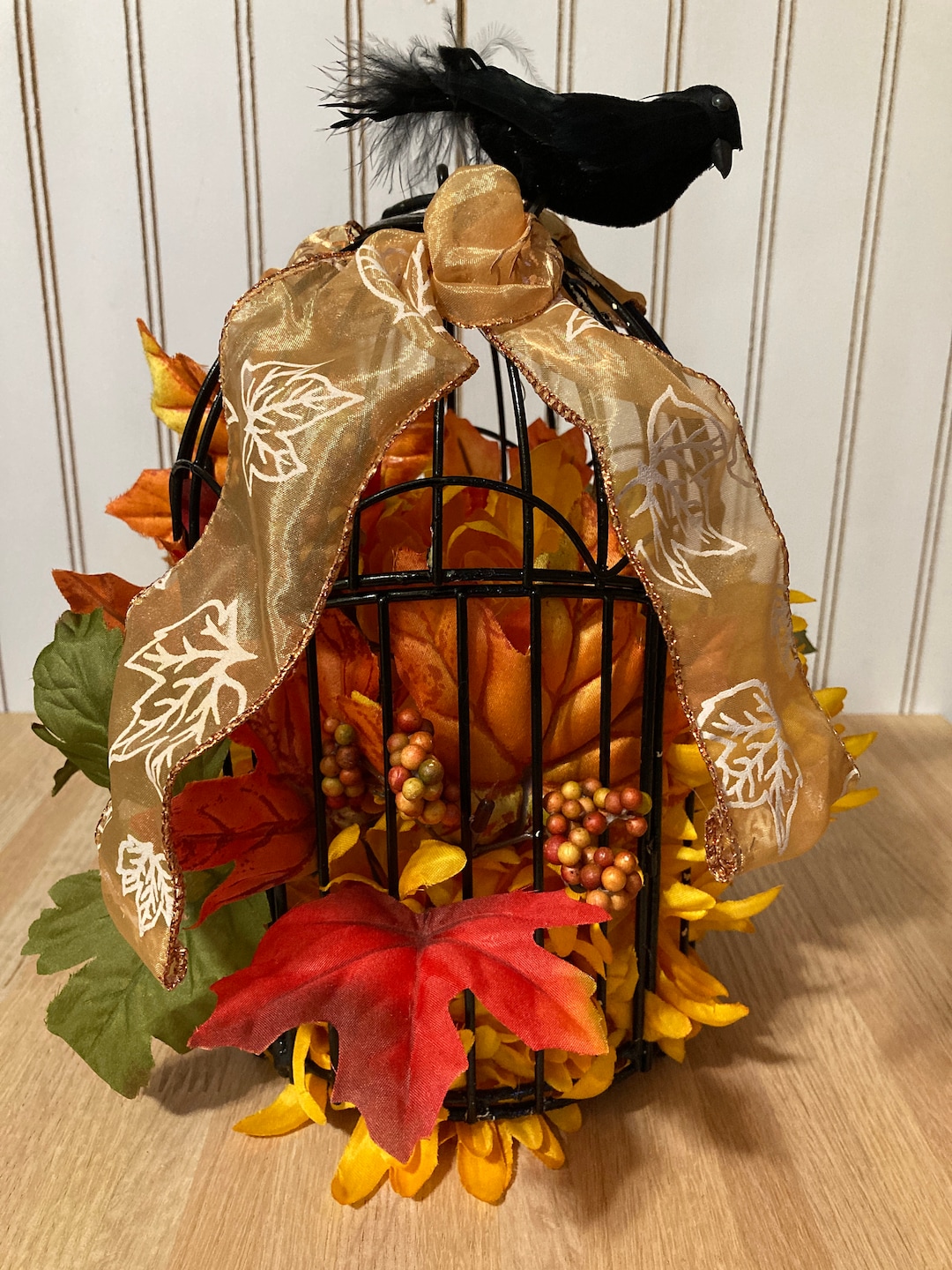 Handmade Autumn Bird Cage - Floral Arrangement - Pumpkins - Crow ...