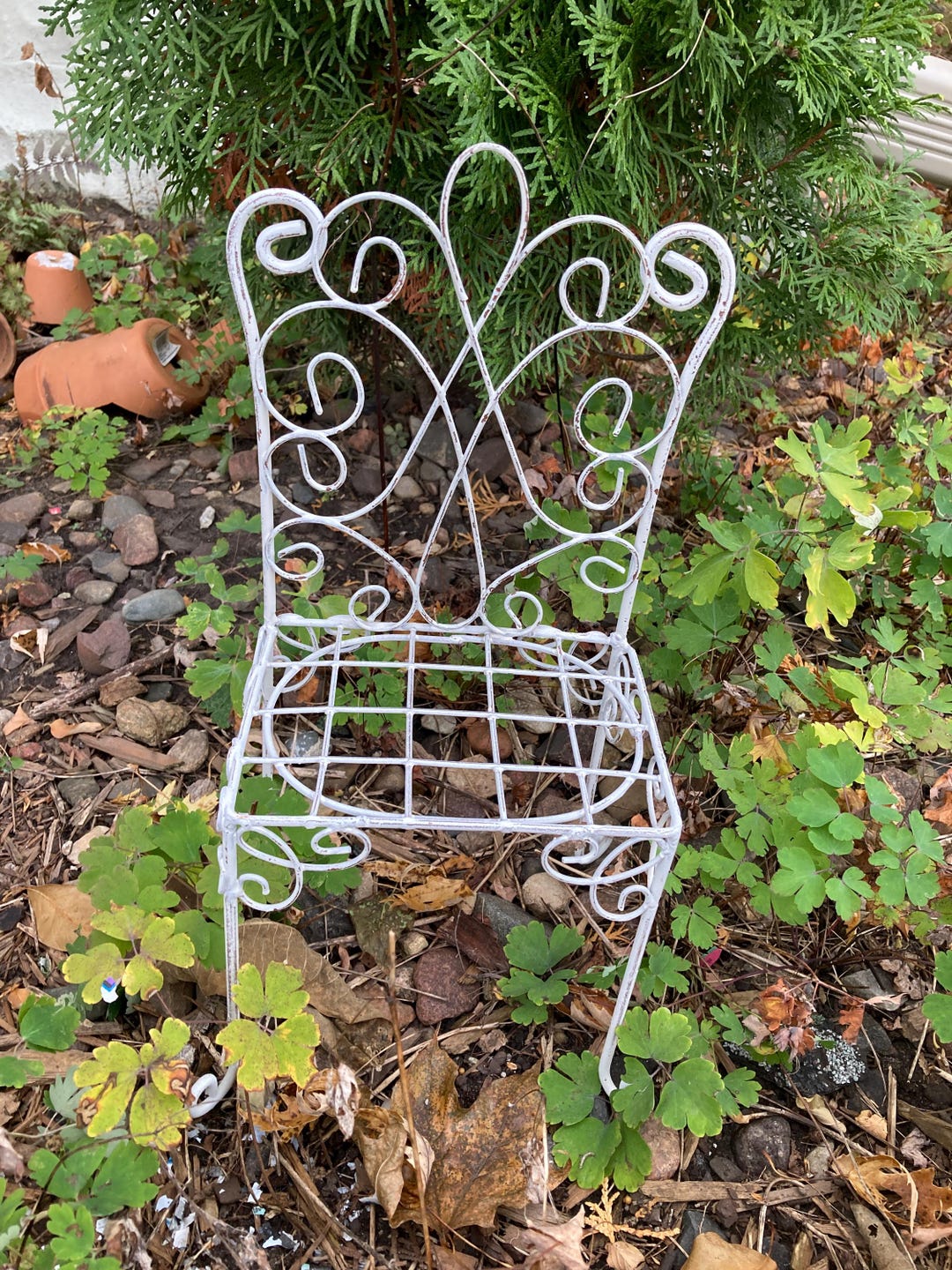 Small Vintage White Metal Chair Plant Stand - Doll Chair - Display ...