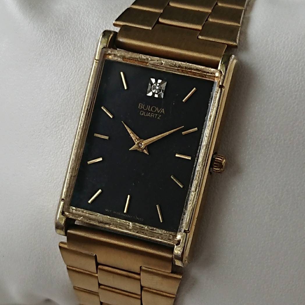 Rare Bulova Tank Vintage Watch | Quartz | Black & Gold With Diamonds - Etsy