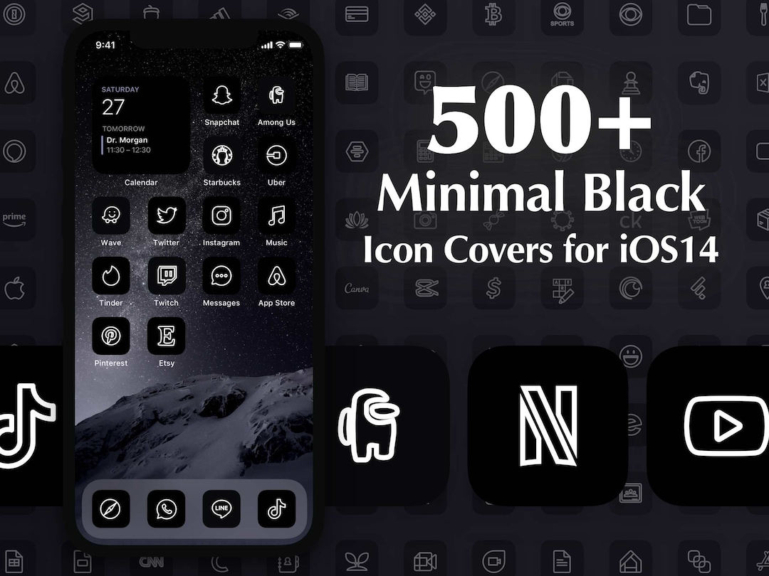 500 Minimal Black App Icon Covers for Ios Home Screen Shortcuts, Themes ...