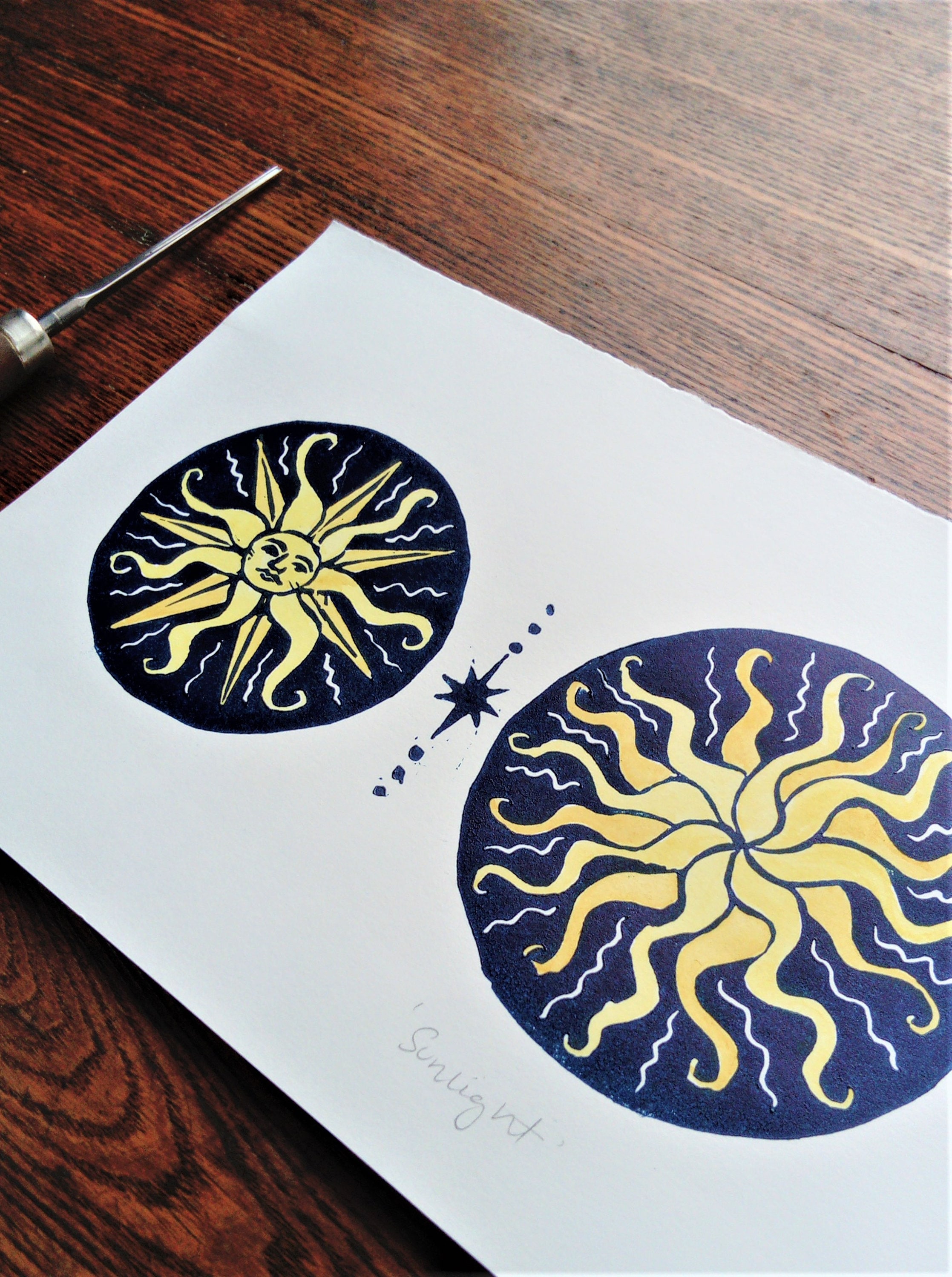 Original Linocut Print Sun Celestial Artwork | Etsy