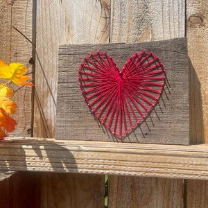 String Heart Art, Vintage Barn Wood, Modern String Art, Red String ...