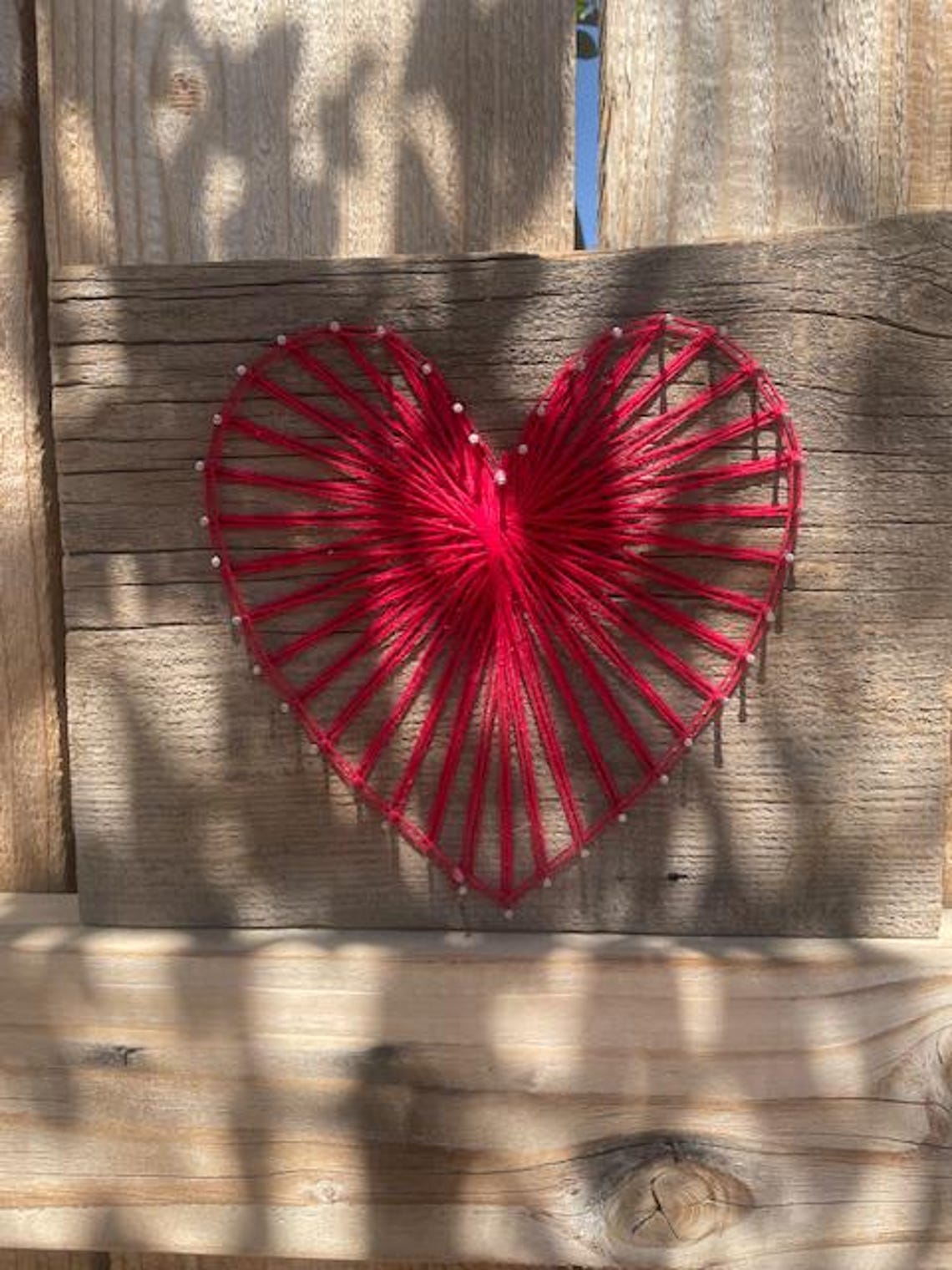String Heart Art, Vintage Barn Wood, Modern String Art, Red String ...