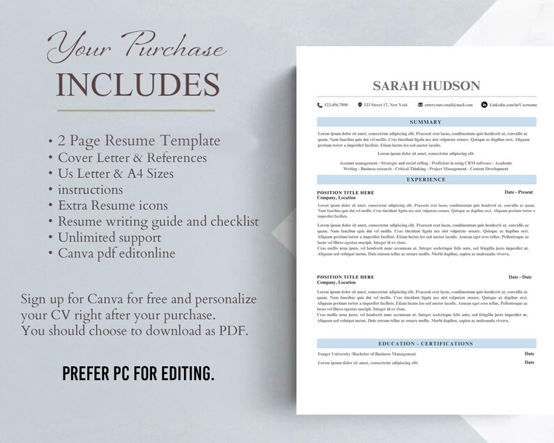 2 Page Resume Canva, Cover Letter, References, PC and Mac, ATS Friendly ...