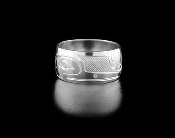 Canadian First Nations, Hand Carved 7/8 Copper Salmon on Leather Cuff ...