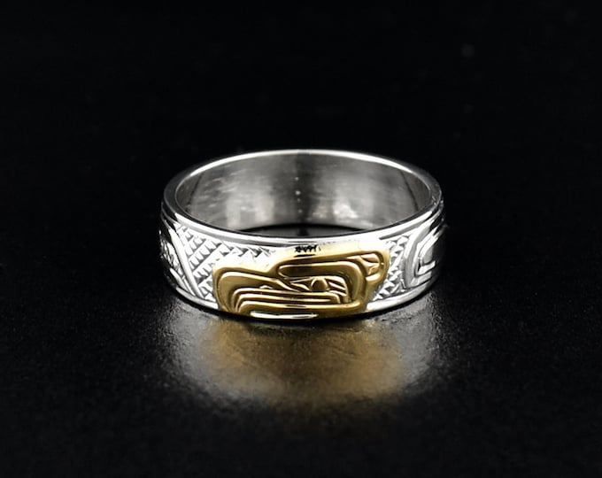 Northwest Coast Indigenous, Hand Carved Sterling Silver and 14K Gold ...