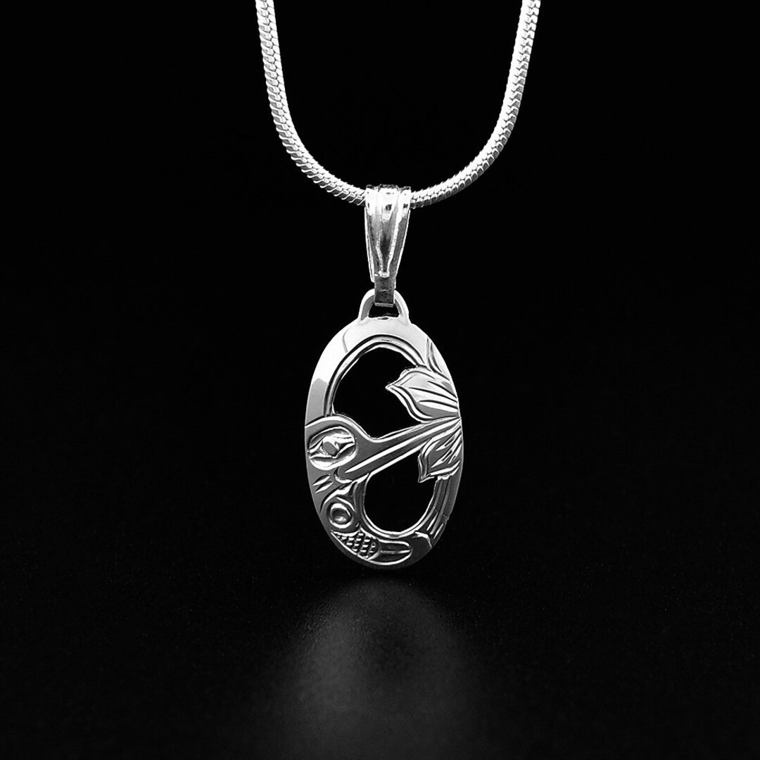 Canadian Indigenous, Hand Carved Sterling Silver Small Oval Hummingbird ...