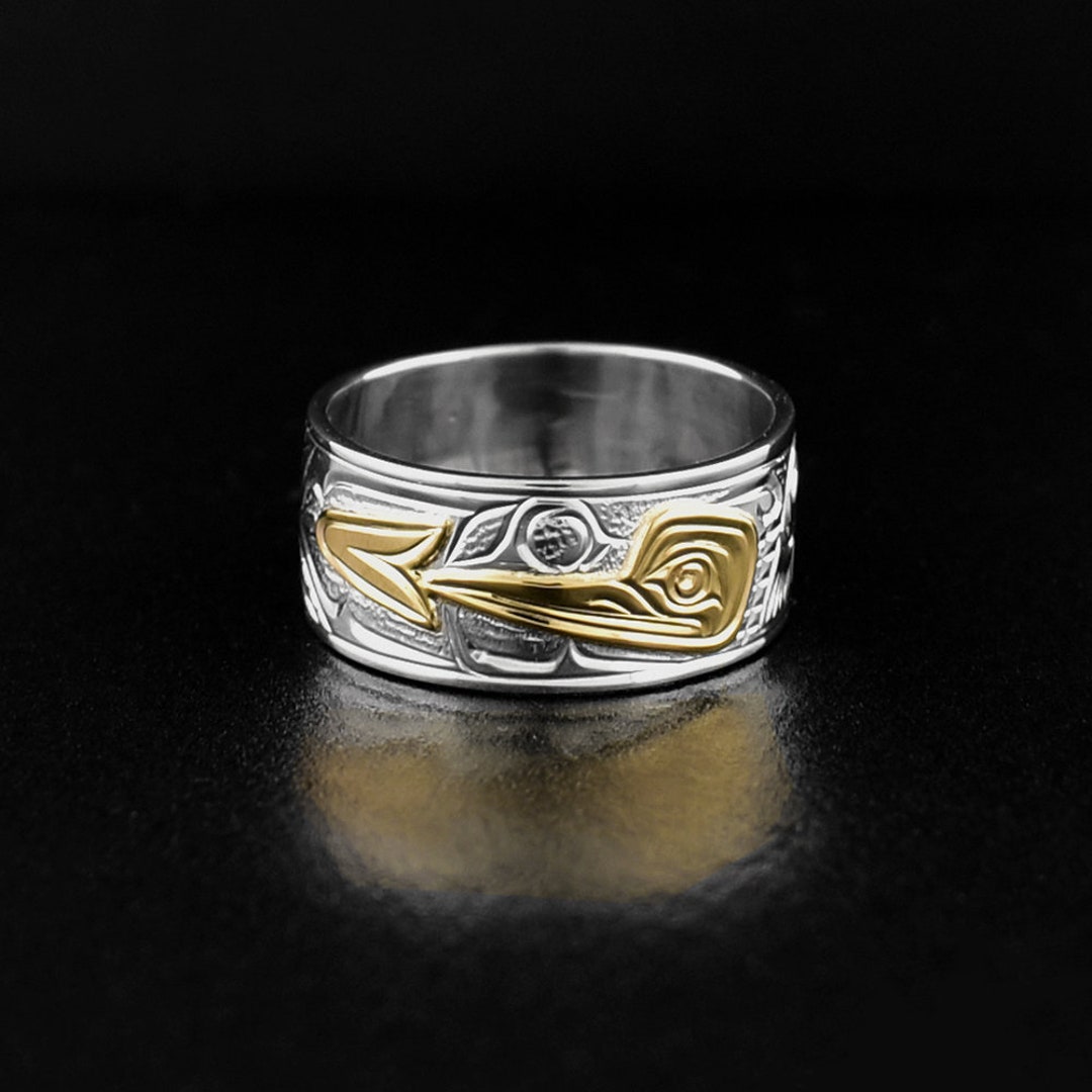 Northwest Coast Indigenous, Hand Carved Sterling Silver and 14K Gold ...