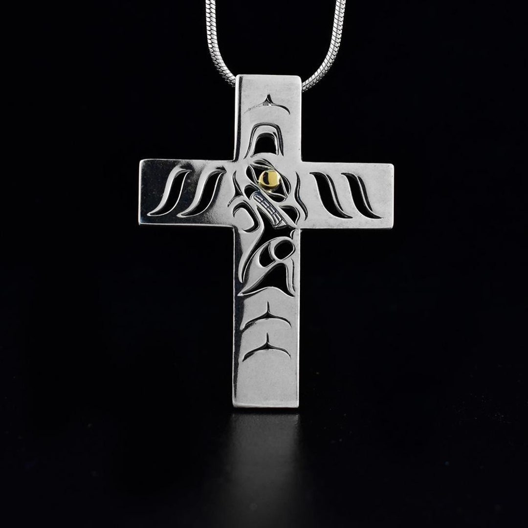 Canadian First Nations, Cutout Sterling Silver and 18K Gold Wolf Cross ...