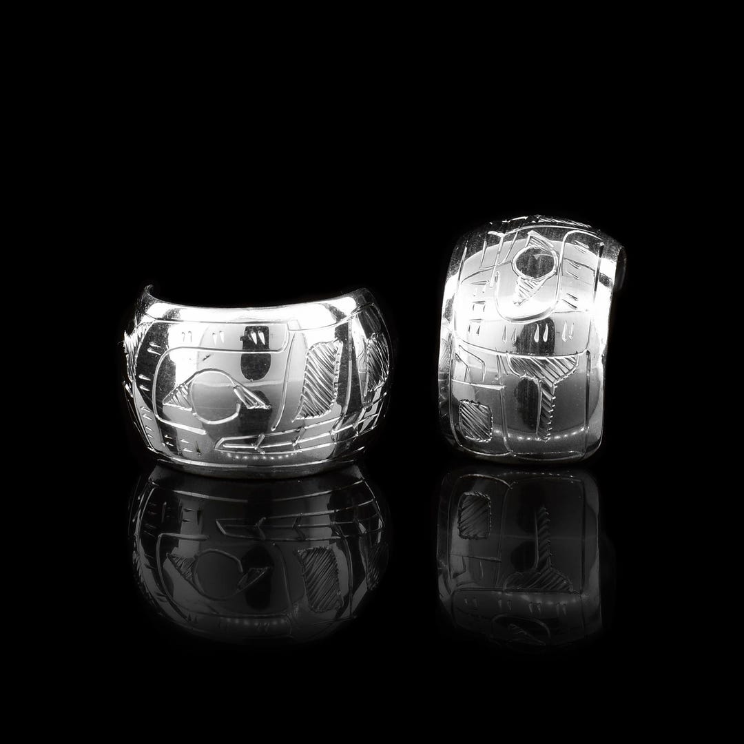 Canadian First Nations, Hand Carved Silver, Wolf Wide Hoop Earrings ...