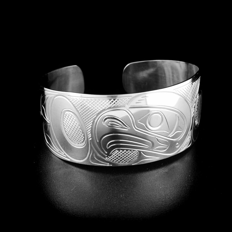 Northwest Coast First Nations, Hand Carved Sterling Silver 1 Eagle Bracelet, Indigenous ...