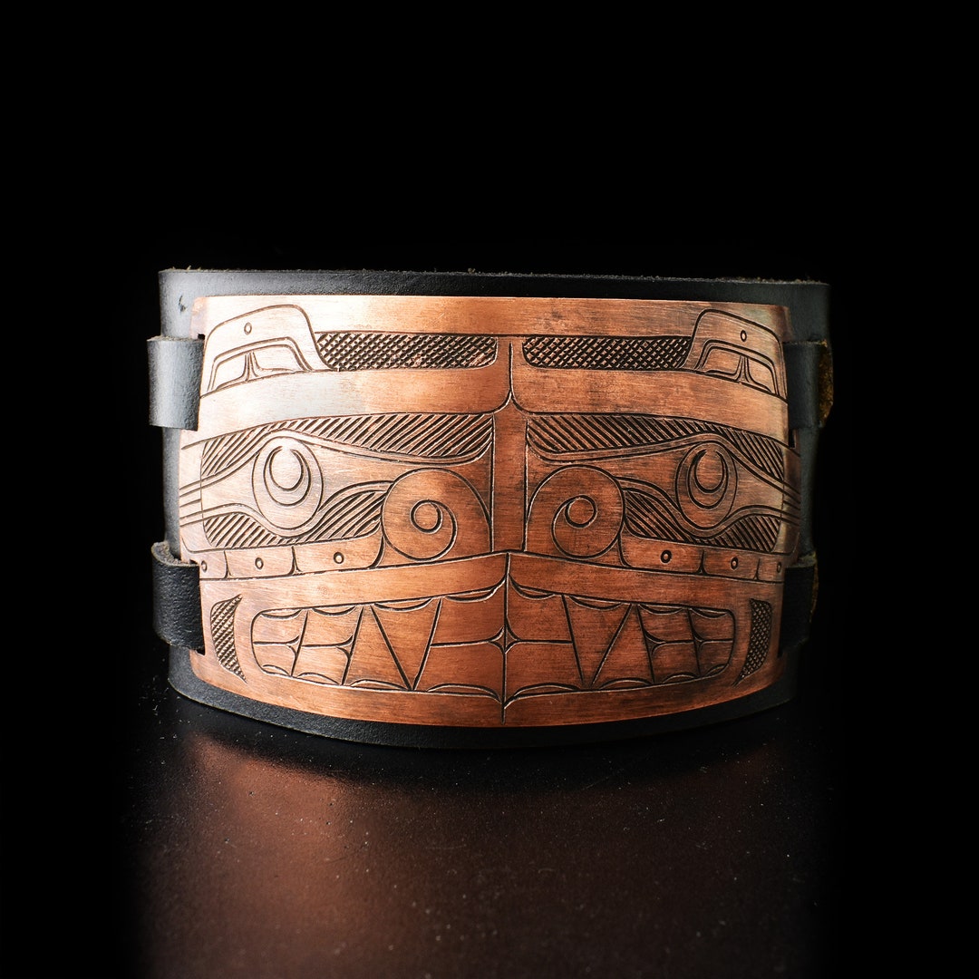Canadian First Nations, Hand Carved Copper Bear on Leather Cuff ...