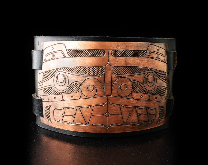 Canadian First Nations, Hand Carved Copper Bear on Leather Cuff ...