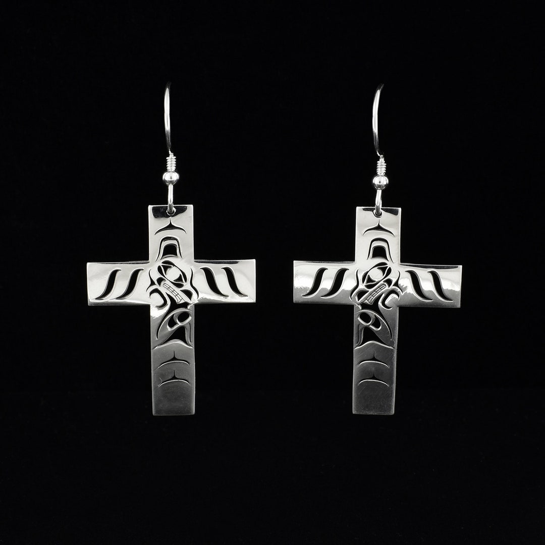 Canadian First Nations, Cutout Sterling Silver Wolf Cross Earrings ...