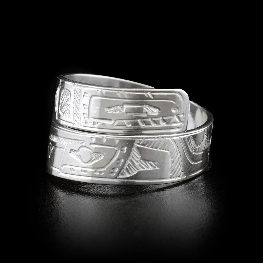 Canadian First Nations, Hand Carved Sterling Silver 1/4" Orca and Eagle Wrap Ring, Indigenous ...