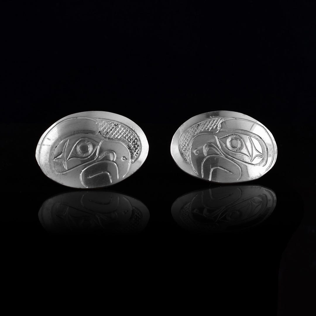 Canadian First Nations, Hand Carved Large Silver Oval Eagle Stud ...