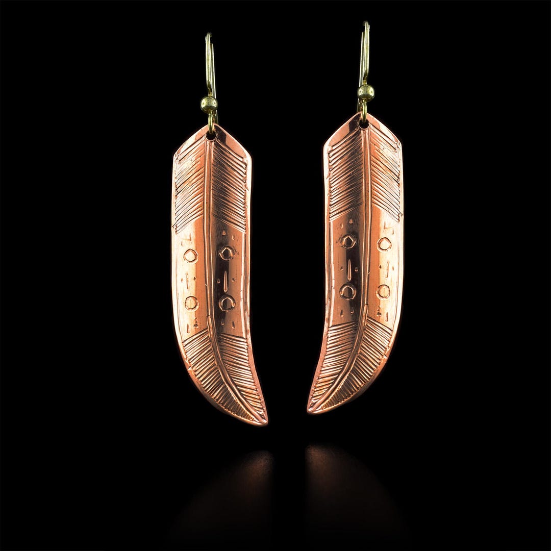 Canadian First Nations, Hand Carved Long Copper Feather Dangle Earrings ...