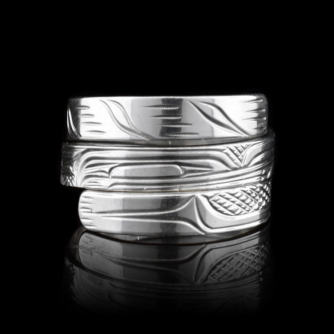 Northwest Coast Indigenous, Hand Carved Silver Triple Wrapped Wolf Ring ...