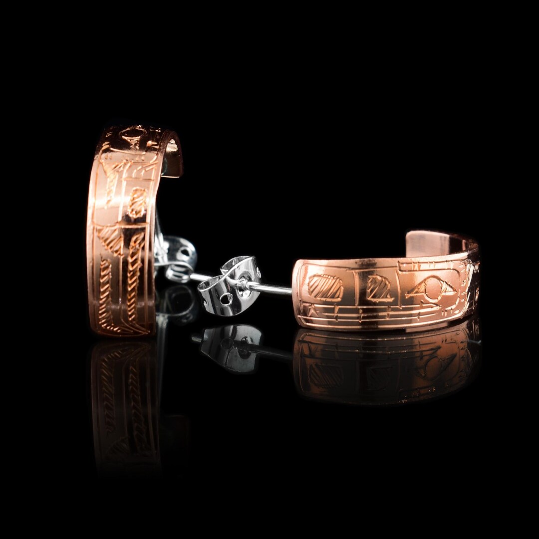 Canadian First Nations, Hand Carved Copper 1/4" Wolf Stud Hoop Earrings ...