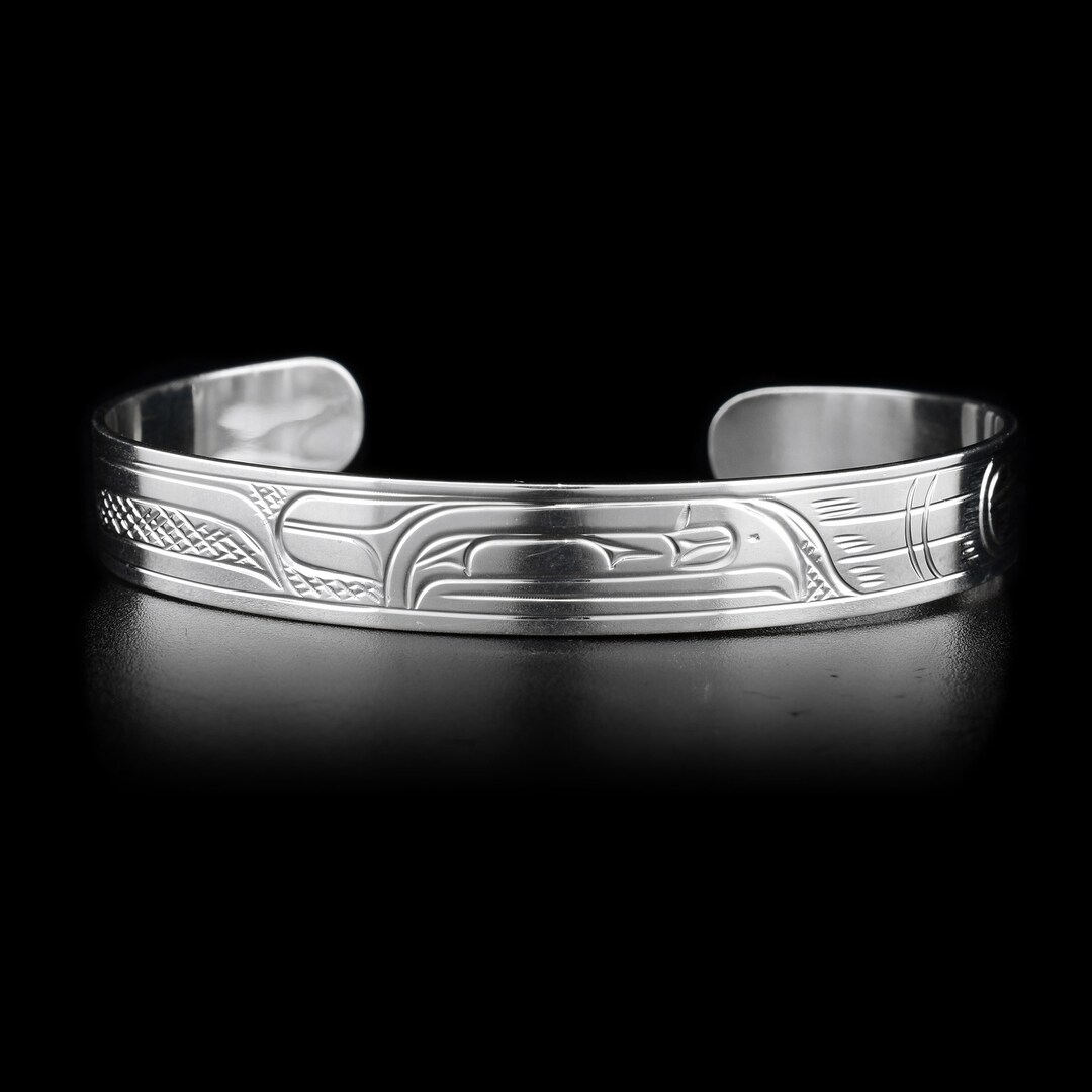 Northwest Coast Indigenous, Hand Carved Sterling Silver 3/8" Raven Cuff ...