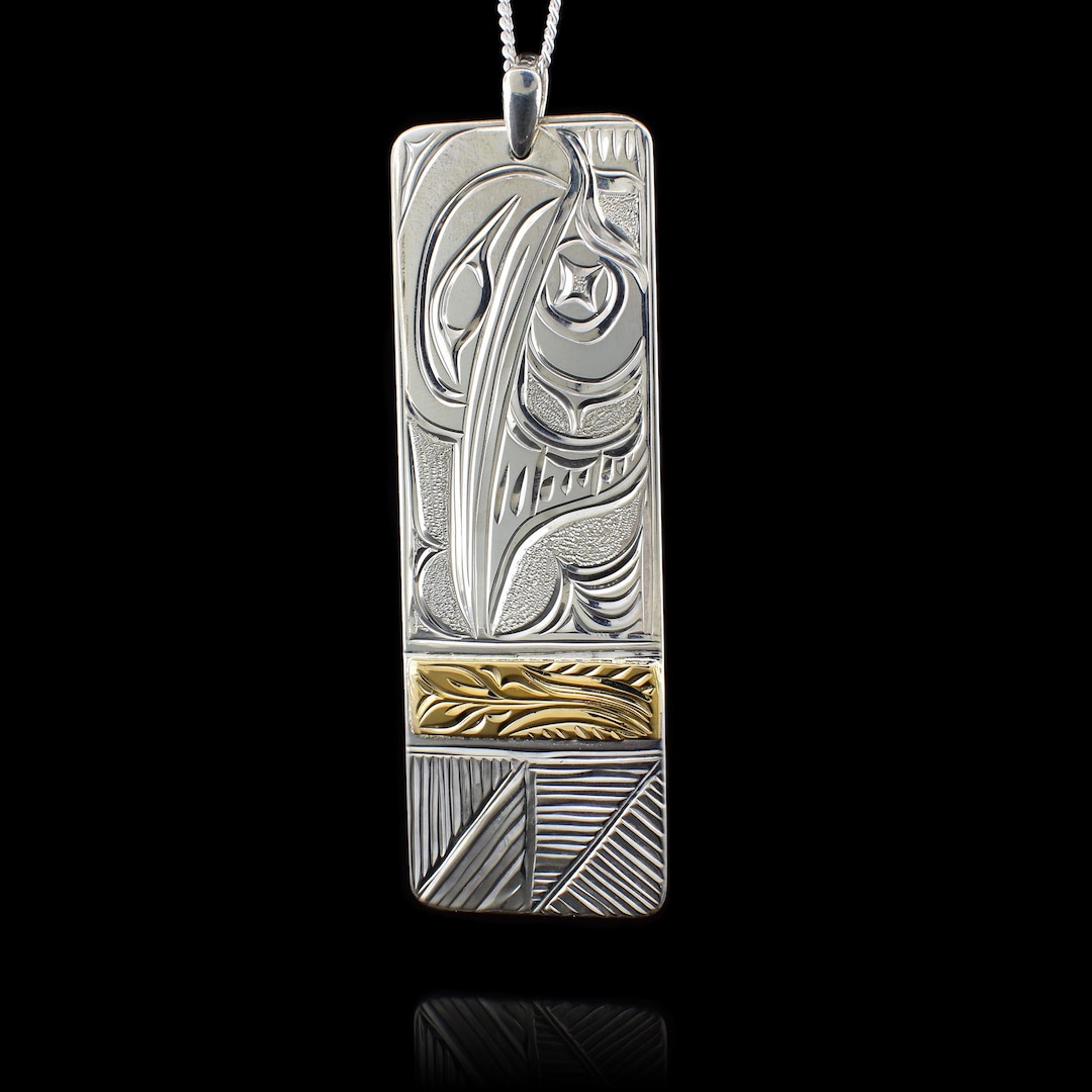 Canadian First Nations, Hand Carved Sterling Silver and 14K Gold Long ...