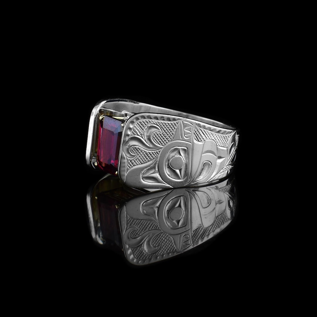 Northwest Coast Indigenous, Hand Carved Orca Solitaire Rhodolite Garnet ...