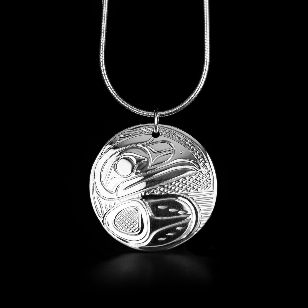 Canadian First Nations, Hand Carved Sterling Silver Round Raven Pendant ...
