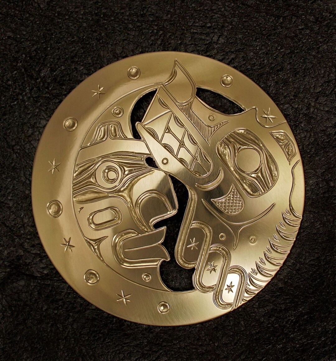 Canadian First Nations, Hand Carved 14K Gold 2" Wolf and Moon Medallion ...