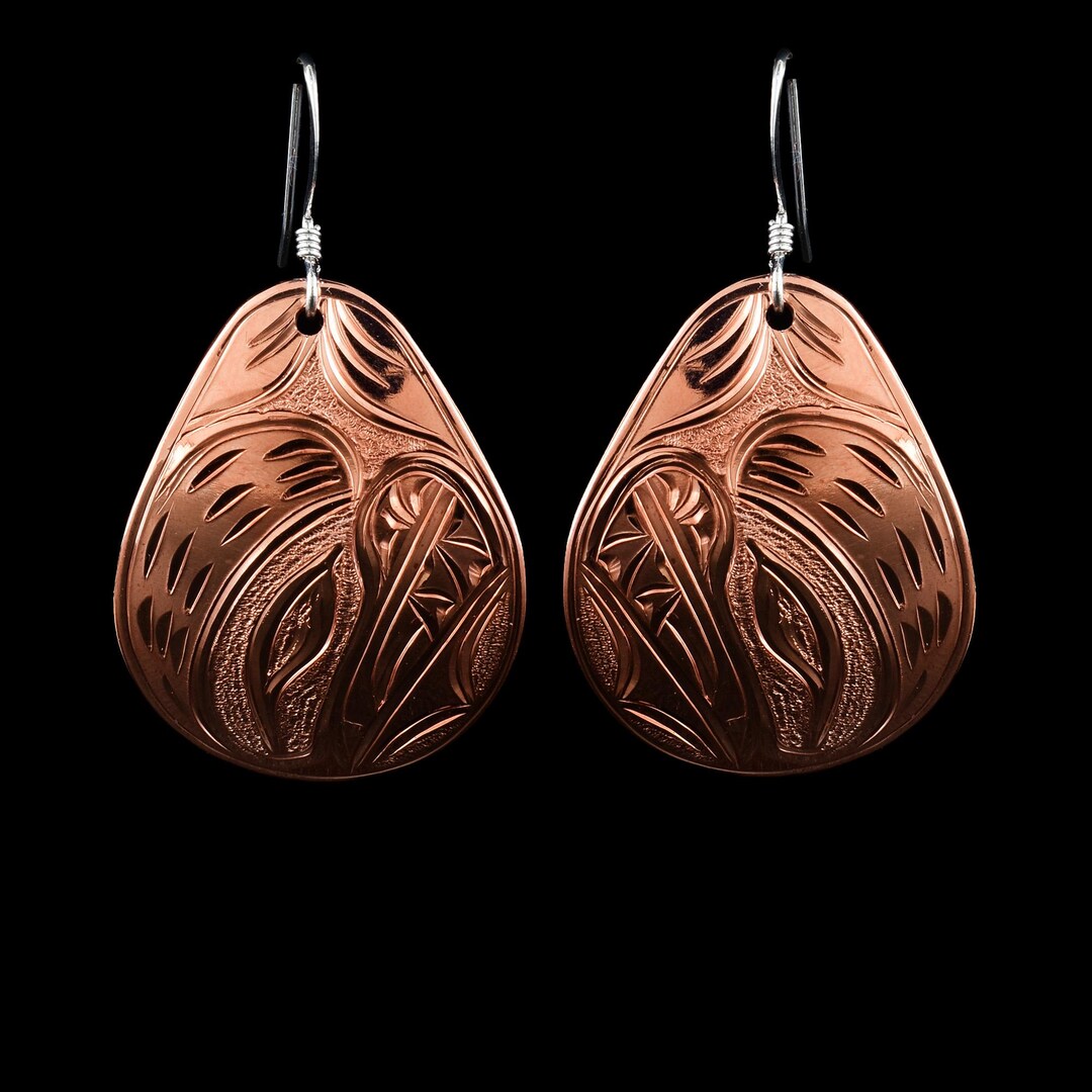 Canadian First Nations, Hand Carved Large Teardrop Copper Bear Earrings ...