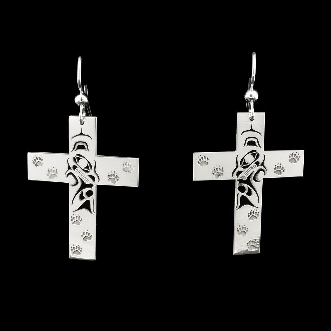 Canadian First Nations, Sterling Silver Bear Cross Dangle Earrings ...